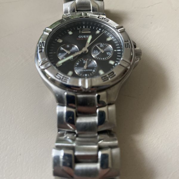 Guess Waterpro Black Dial Round Silver Tone Case Stainless Band Watch ...