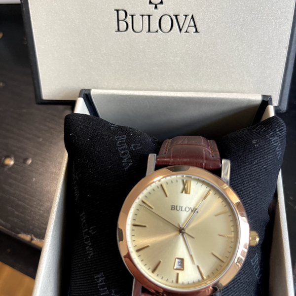 NEW* Bulova 96B217 Men's Quartz Gold Tone Dial Brown Leather Strap 38mm ...