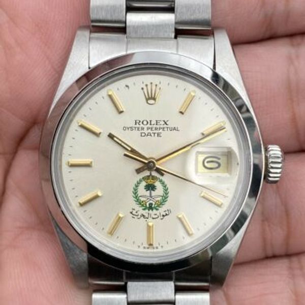 Rolex Oyster Perpetual Date 1500 Saudi Royal Naval Forces Crest Silver ...