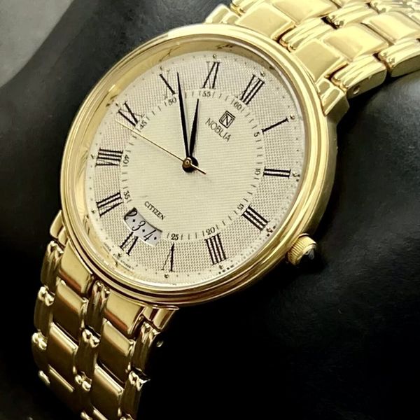 Vintage New 1988 CITIZEN NOBLIA Mens 34mm Quartz Watch Date Gold Case ...