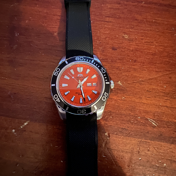 Orient Mako XL Orange Bezel Automatic Day Date Barton Rubber Strap ...