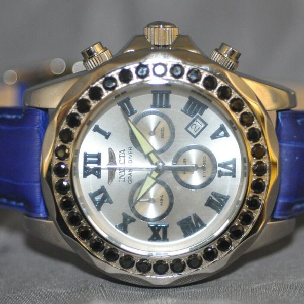 Invicta LE Grand Diver Chrono Silver Dial Blue Black Spinel Leather ...