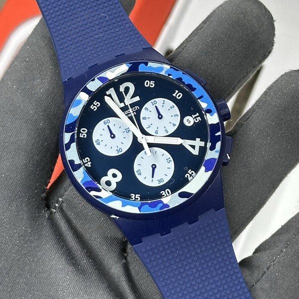 NEWâ Swatch Chrono CAMOBLU Navy Blue Date Dial Men's Silicone Watch ...