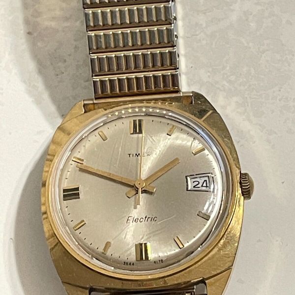 old neat 36mm Timex golden clean rare dial Elec mechanic runs well ...