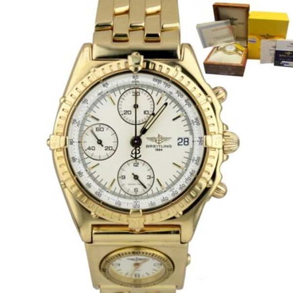 Breitling Chronomat Chronograph Dual Time 18K Yellow Gold 40mm White ...