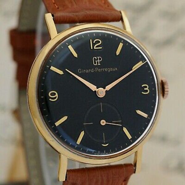 VINTAGE GIRARD PERREGAUX GOLD PLATED MANUAL WIND BLACK DIAL SWISS GENTS ...
