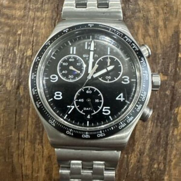 NWOT Swatch Irony Night Flight Steel Silver Chronograph Date Watch $225 ...