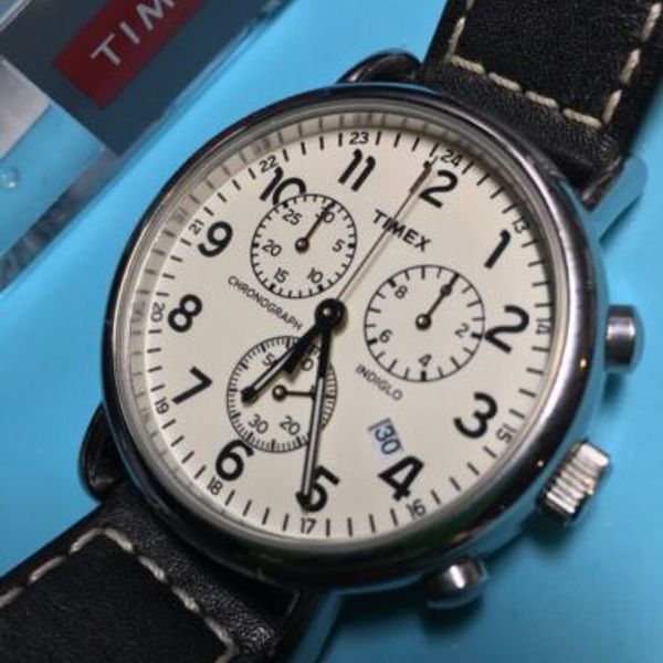 TIMEX WEEKENDER CLASSIC CHRONGRAPH 40MM CREAM DIAL BLACK LEATHER ...