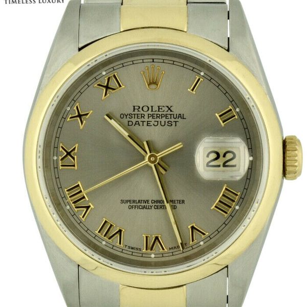 Men's Rolex Datejust 16203 Steel & 18k Gold 36mm Gray Roman Dial Box ...