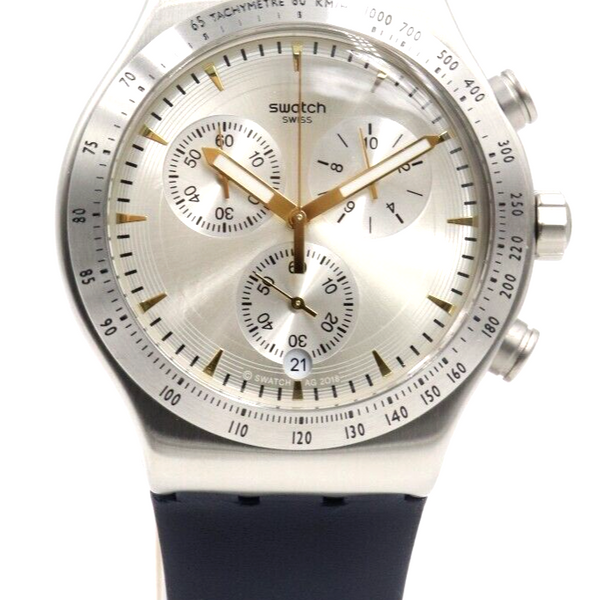 New Swiss Swatch Irony Chrono Darkmeblue Leather Date Watch 44mm YVS460 ...