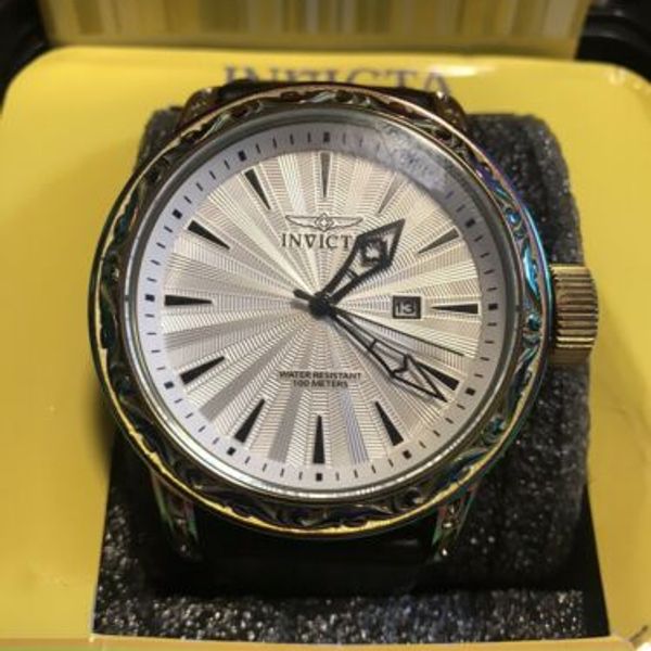Invicta Excalibur 23114 Quartz Iridescent Bezel Leather Strap Watch MOP ...