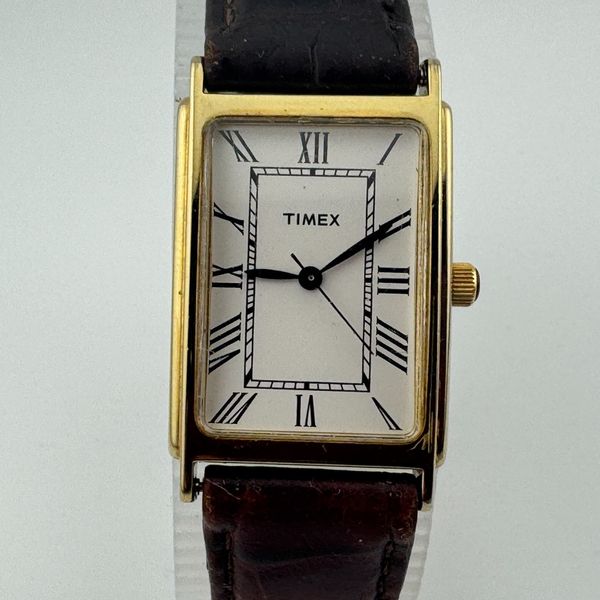 VTG Timex Quartz Watch Men Gold Ton Rectangle Leather Roman Analog New ...