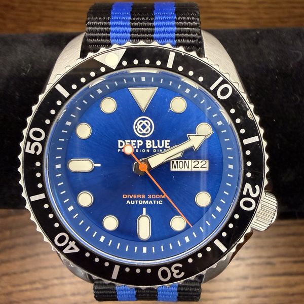 Deep Blue 44mm Precision Diver 300M Auto Watch Sapphire NATO Thin Blue ...