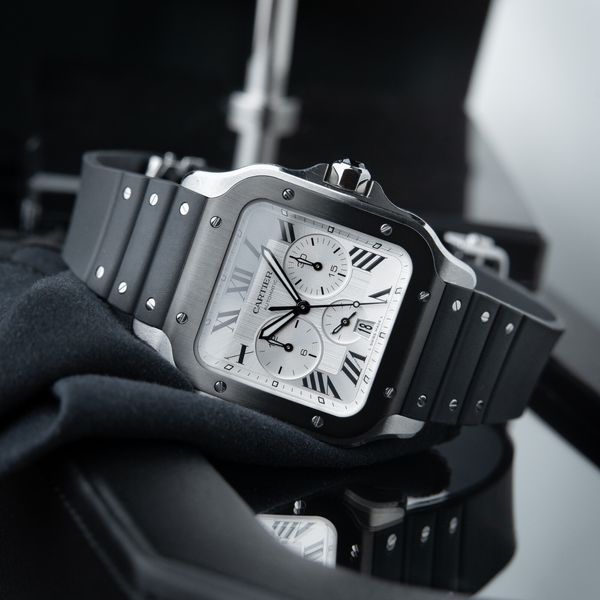 Cartier Santos De Cartier XL Large Chronograph ADLC Steel Silver Dial ...