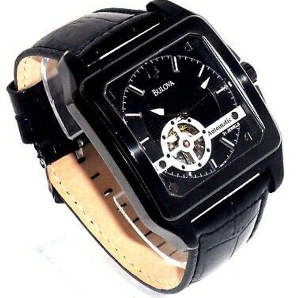 BULOVA $475 MENS SQUARE 21 JEWEL AUTOMATIC BLACK ION WATCH, LEATHER ...