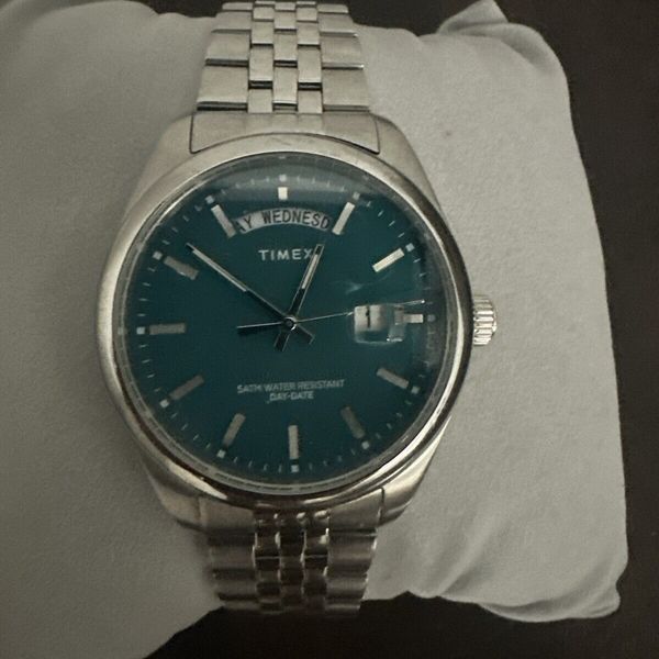 Timex Men's Legacy 41mm Watch Green Dial Day Date Cyclops | WatchCharts ...