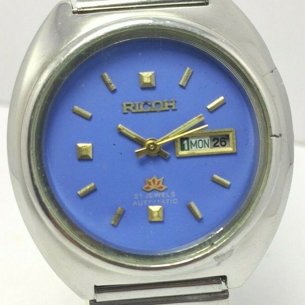 RARE VINTAGE JAPAN MADE RICOH DAY&DATE BLUE AUTOMATIC 21J WRIST WATCH ...