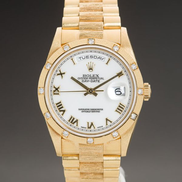 FS: 1995 Rolex 18308 Bark Finish Day-Date White Roman Dial & 12 Diamond ...