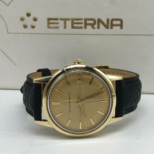 Vintage 14k 14ct Solid Gold Eterna Matic Mens Automatic Watch + Box ...