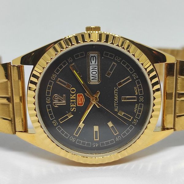GOLD PLATED SEIKO 5 AUTOMATIC 17J BLACK COLOR DIAL DAY-DATE MEN'S WRIST ...