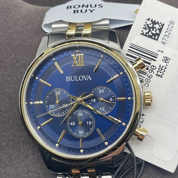 $395 BULOVA Blue Dial Two-Tone Stainless Chronograph BRAND NEW IN BOX ...