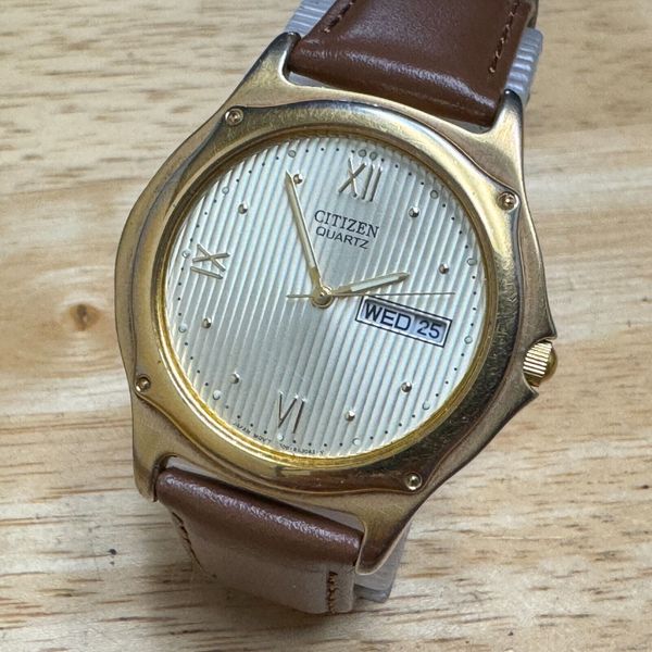Vintage Citizen Quartz Watch 5500 Men Gold Tone Day Date Leather New ...