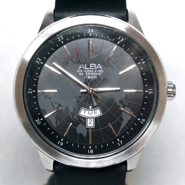 SEIKO ALBA Black DayDate World Map Watch VJ33-X013 Quartz Faux Leather ...