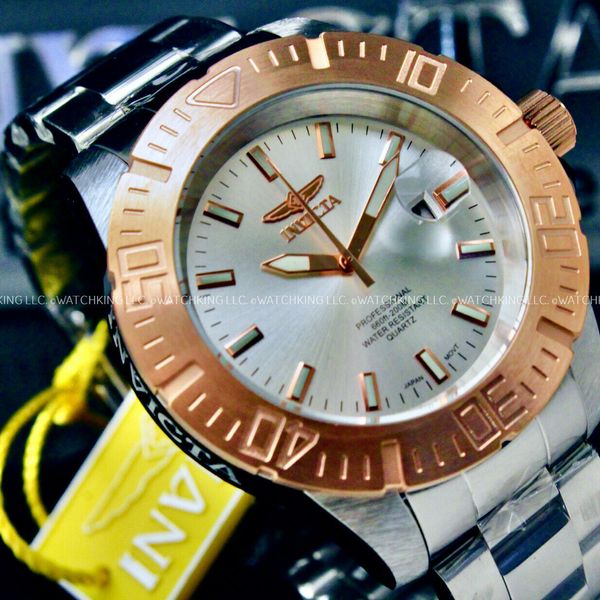 New Invicta Pro Diver Ocean Baron ROSE GOLD BEZEL Silver Dial S.S ...