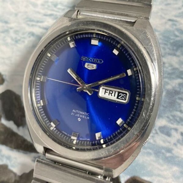 VINTAGE SEIKO 5 6119-8340T 21 JEWEL AUTOMATIC WATCH BLUE PRISMATIC DIAL ...