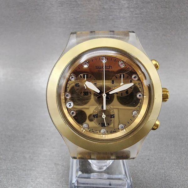 Swatch Irony Chronograph Diaphane Watch Men Gold Clear 43mm Date New Battery A1 | WatchCharts ...