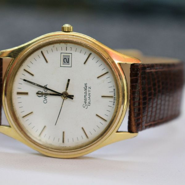 Vintage Omega Seamaster Gold Tone Quartz 1430 With Date Brown Leather ...