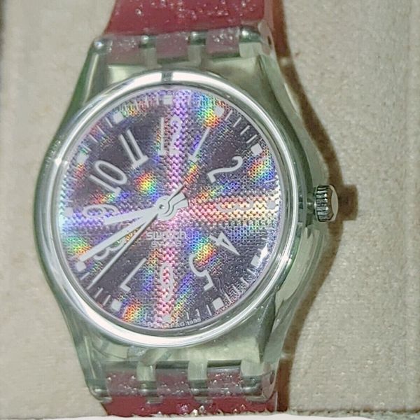 Swatch Watch Ladies Pink Glitter Sparkle Iridescent Strap Clear Swiss ...