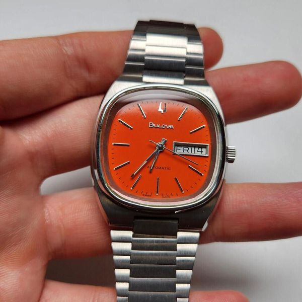 Vintage Bulova Automatic Tv Day Date Custom Orange Dial Mens Watch ...