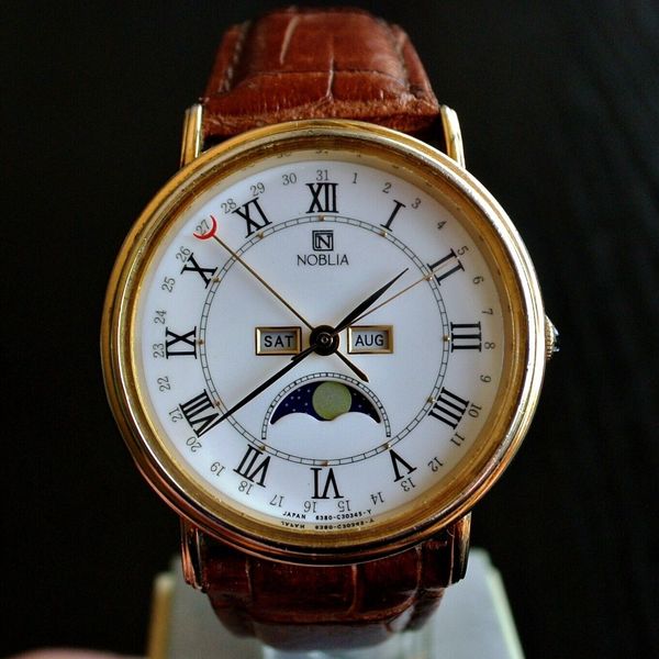 VINTAGE NOBLIA CITIZEN TRIPLE DATE MOON PHASE QUARTZ MEN'S GOLDEN DRESS ...