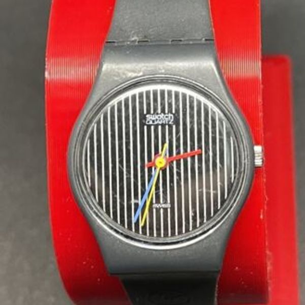 Vintage 1986 Ladies Swatch Watch Black Dial White Stripes Blue Yellow ...