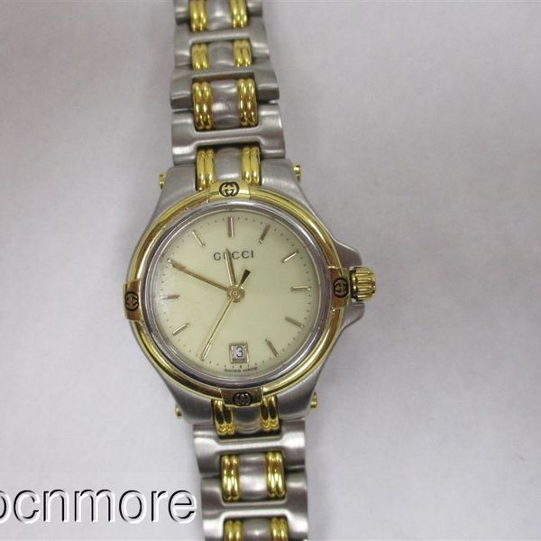 RETRO GUCCI 9040L DATE CLASSIC BRACELET WATCH LDS TWO TONE CREAM DIAL ...