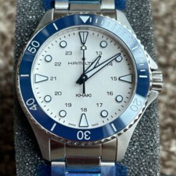 Rare Hamilton Khaki Navy Scuba 37mm White Dial Blue Bezel Quartz Dive ...