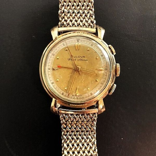 Mens Vintage Bulova WristAlarm Watch Working Excellent Gold Mesh Band ...