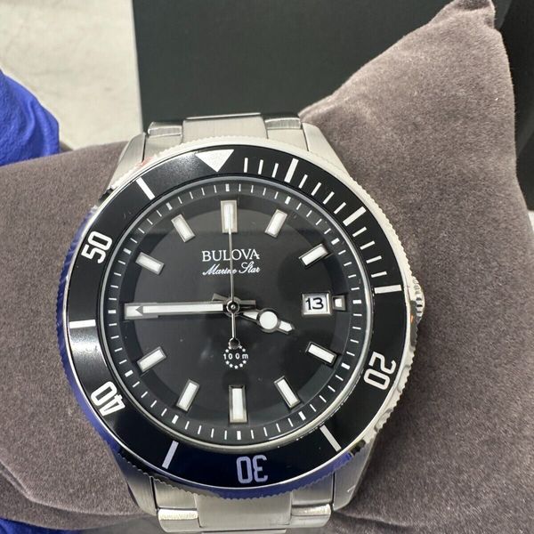 Bulova 98B203 Gents Stainless Steel Marine Star Date Black Dial NEW W ...
