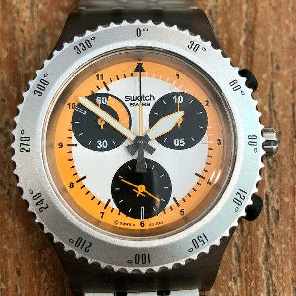 Rare SWATCH IRONY Diaphane CHRONO 2003 SVBM1000G "Take Flight" (Panda ...