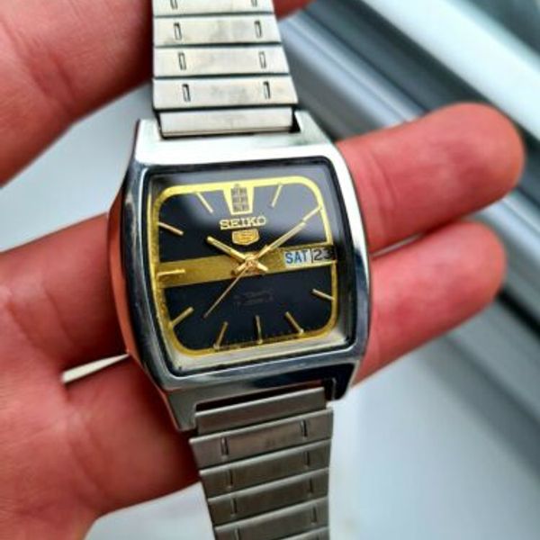 Vintage Square BLACK/GOLD 1985 SEIKO 5 Men's Automatic Watch 7009-3040 ...