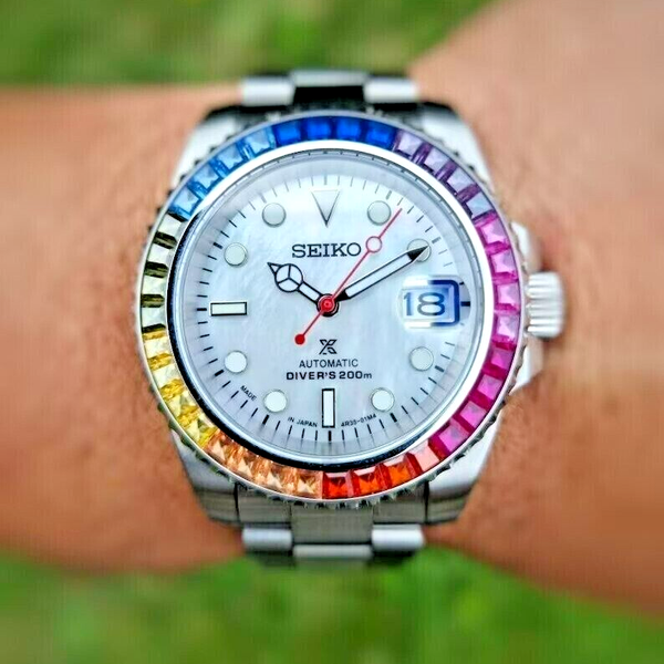 Custom Watch NH35 Seiko Mod Automatic white pearl dial with rainbow ...