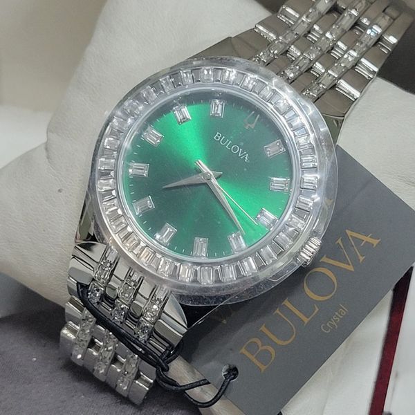 NEWâ CRYSTALSâ Bulova Phantom Green Dial Silver Steel Men's Watch ...