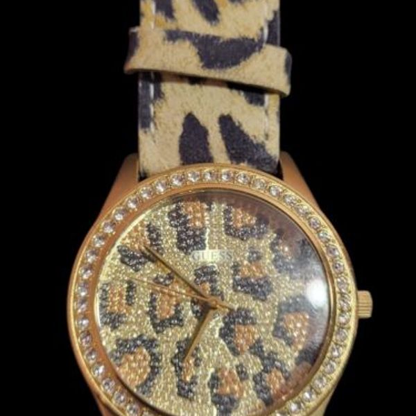 GUESS Leopard Print Watch Gold-Tone Bezel Genuine Leather Strap Model ...