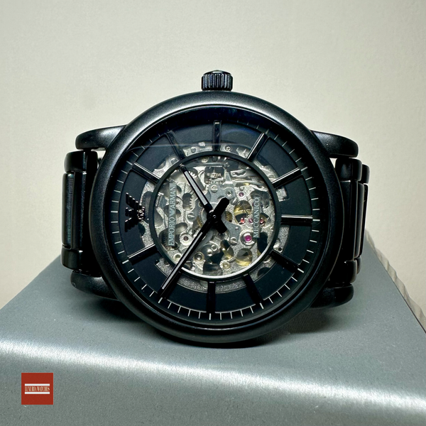 New Emporio Armani Skeleton Meccanico Automatic Black Steel Mens Watch ...