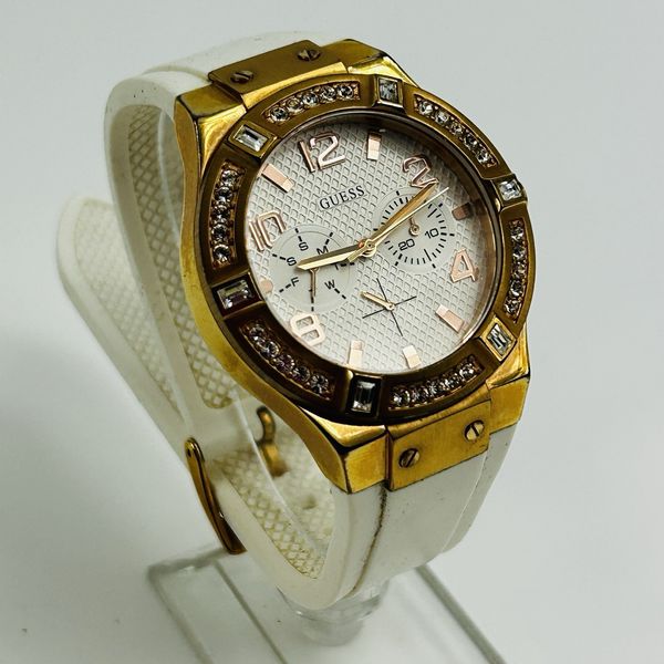 Guess Watch Women Gold tone White Silicone Band Day Date Pave Bling New ...