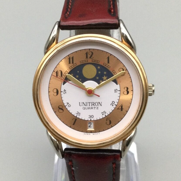 Vtg Unitron Moon Phase Watch Women 31mm Silver Gold Tone Date New ...
