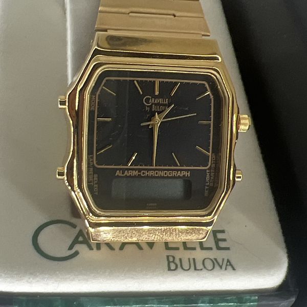 VTG Caravelle Bulova Men Watch Black Gold Digital Analog Rectangle ...