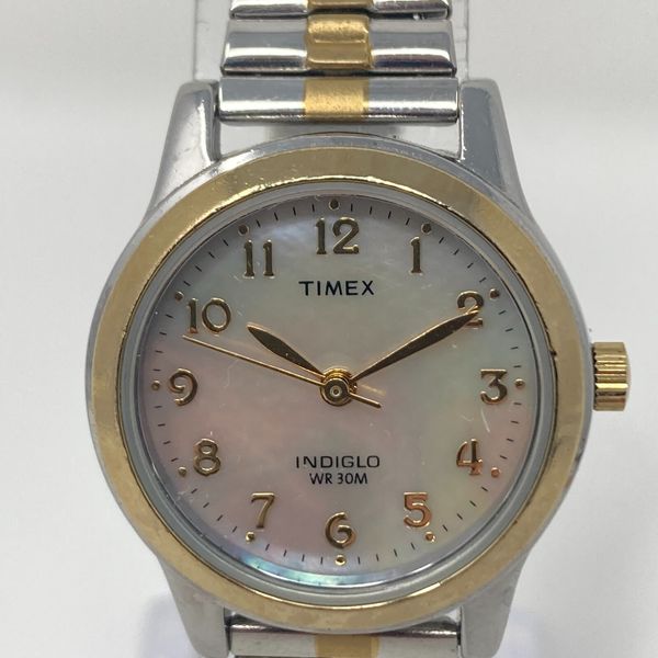 Timex Watch Women 25mm Silver Gold Tone MOP Indiglo Stretch Band New ...