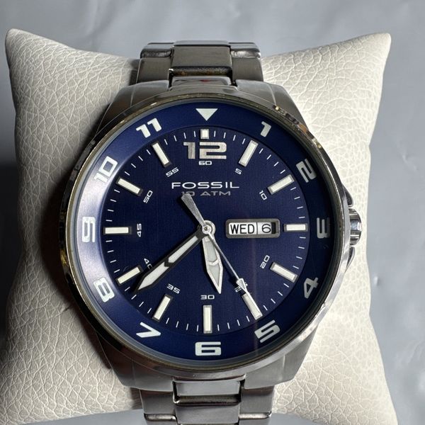 Fossil Men's Silver Tone Calendar Watch Blue Dial AM-4145 Classic Link ...